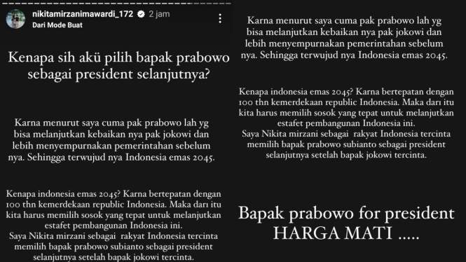 Harga Mati, Terkuak Alasan Nikita Mirzani Dukung Prabowo-Gibran Jadi ... Harga Mati, Terkuak Alasan Nikita Mirzani Dukung Prabowo-Gibran Jadi ...