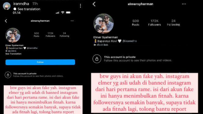 Sebar Fitnah, Ira Nandha Minta Report Akun Instagram Palsu Elmer Syaherman